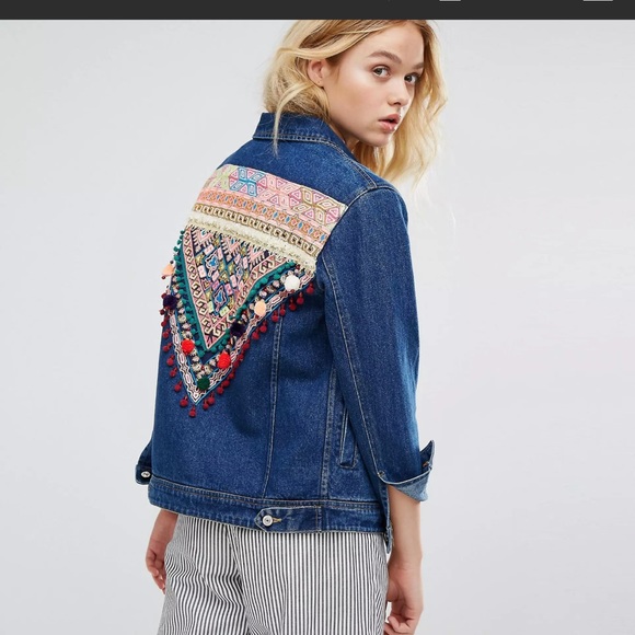 Mango | Jackets & Coats | Mango Embroidered Back Denim Jacket Cropped ...